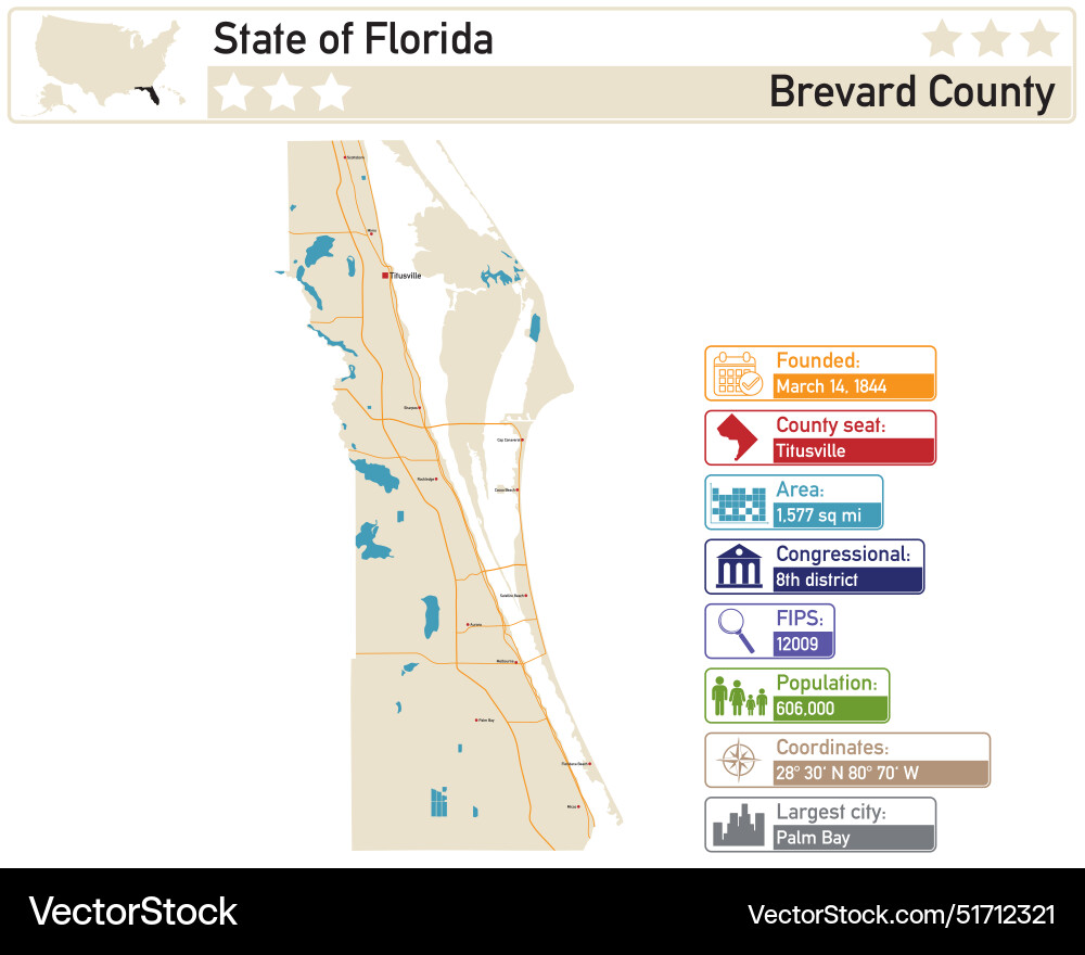 Map of brevard county in florida usa Royalty Free Vector