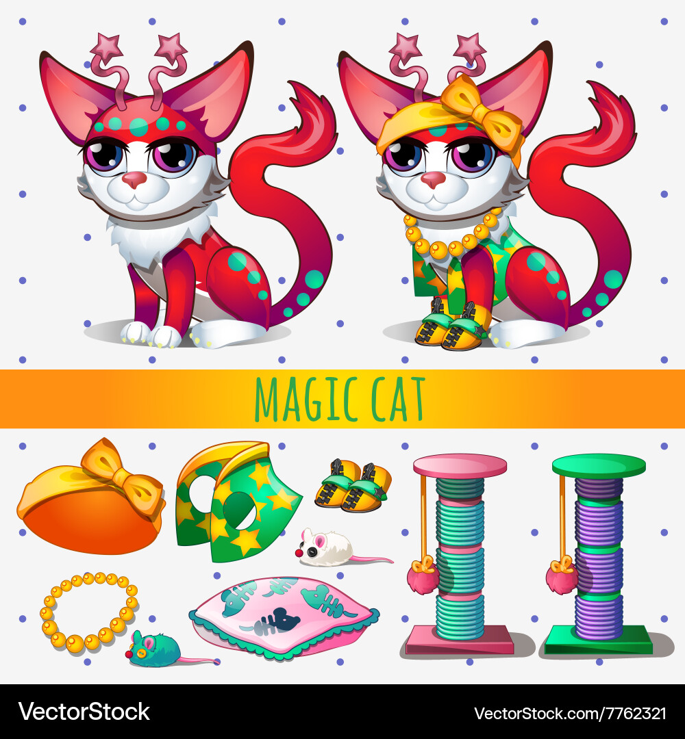 Red magic cat with toys and clothing Royalty Free Vector