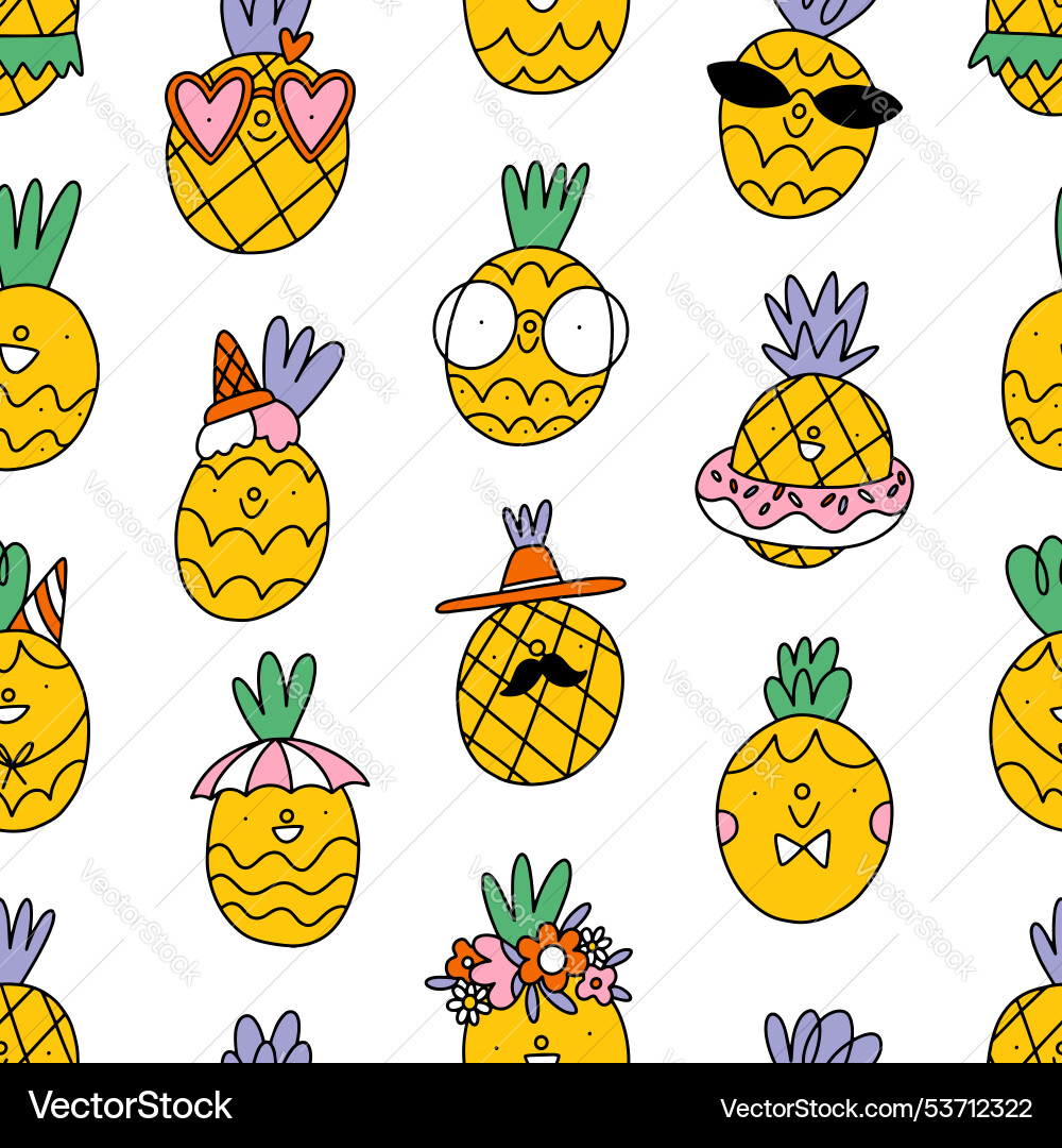 Cute doodle pineapples pattern Royalty Free Vector Image