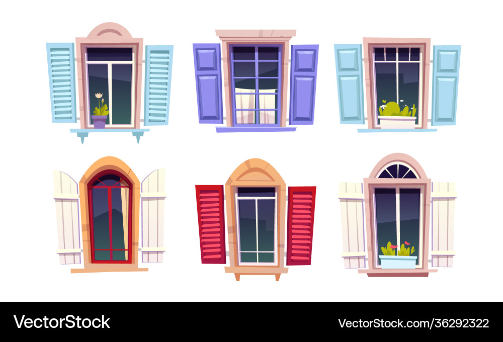 Wooden windows with open shutters Royalty Free Vector Image