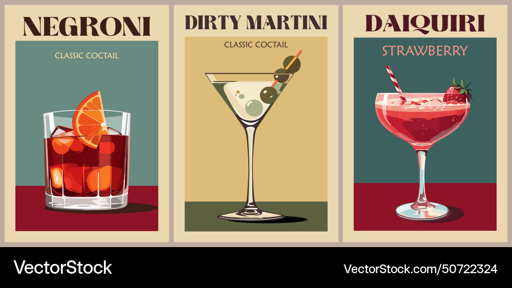 Cocktails retro poster set kitchen wall art Vector Image