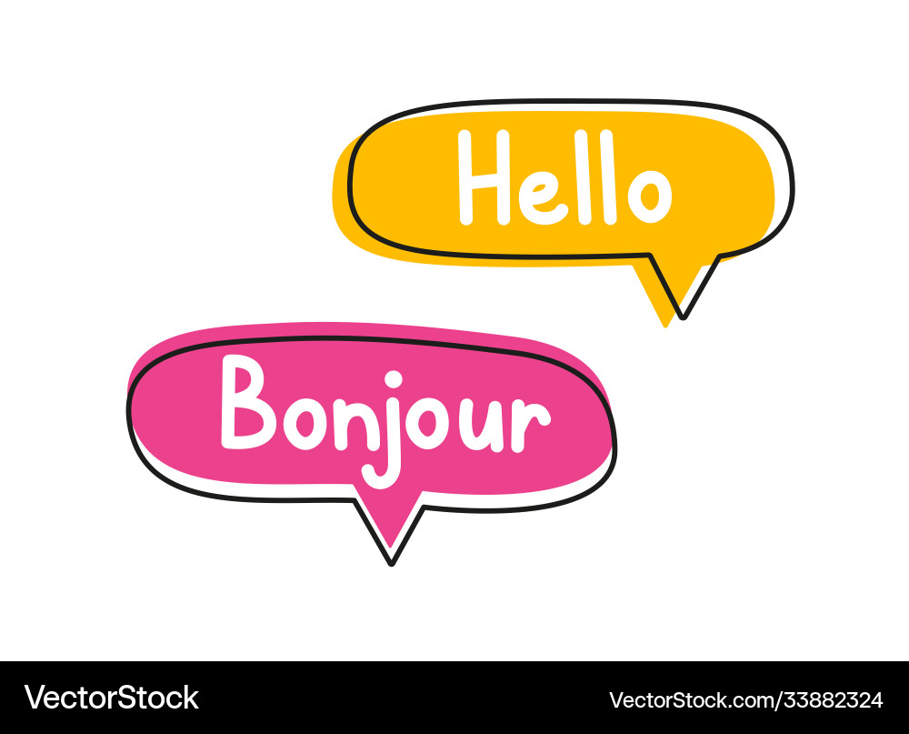 Hello bonjour handwritten text in speech bubble Vector Image