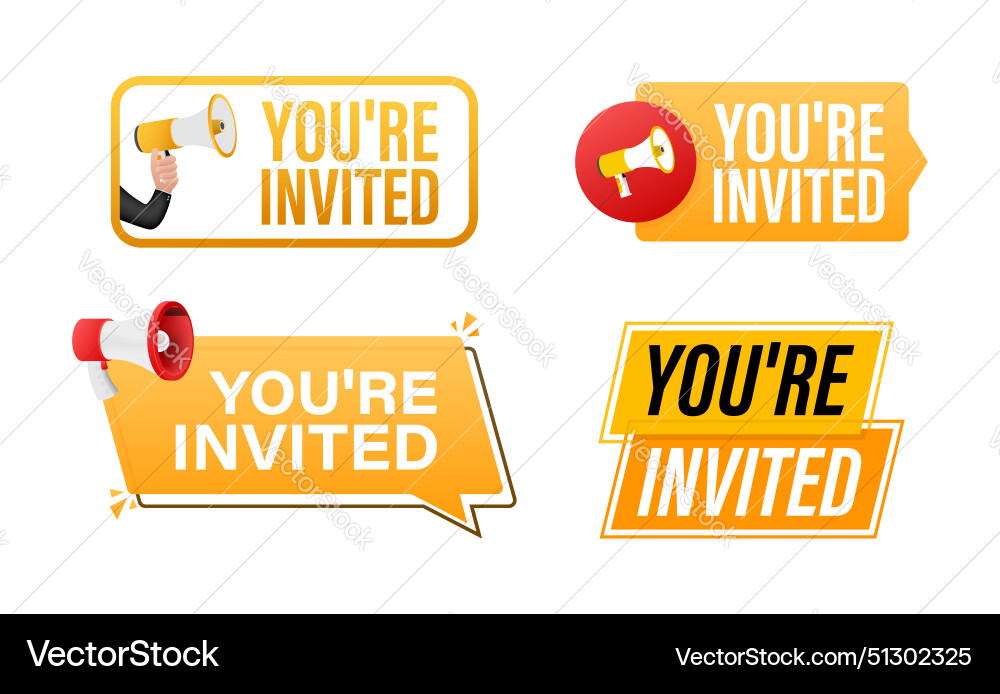 You are invited text with megaphone label set Vector Image