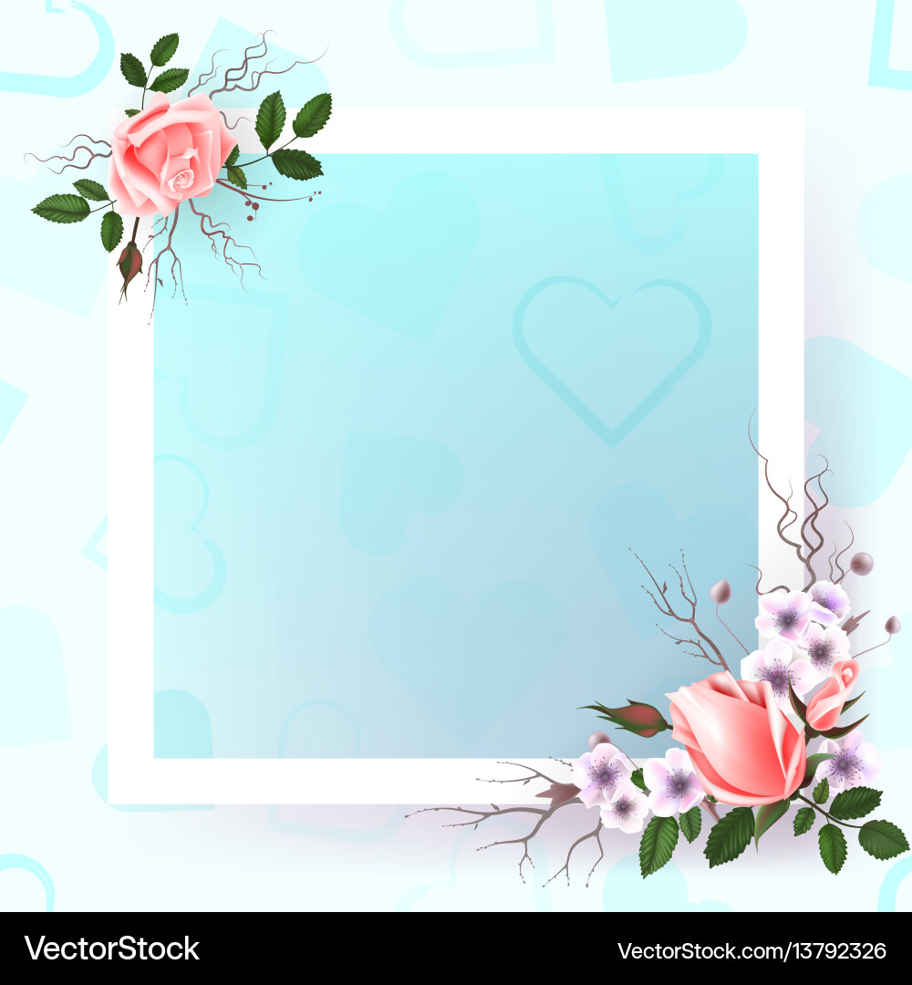 Beautiful square frame with pink roses and pearls Vector Image