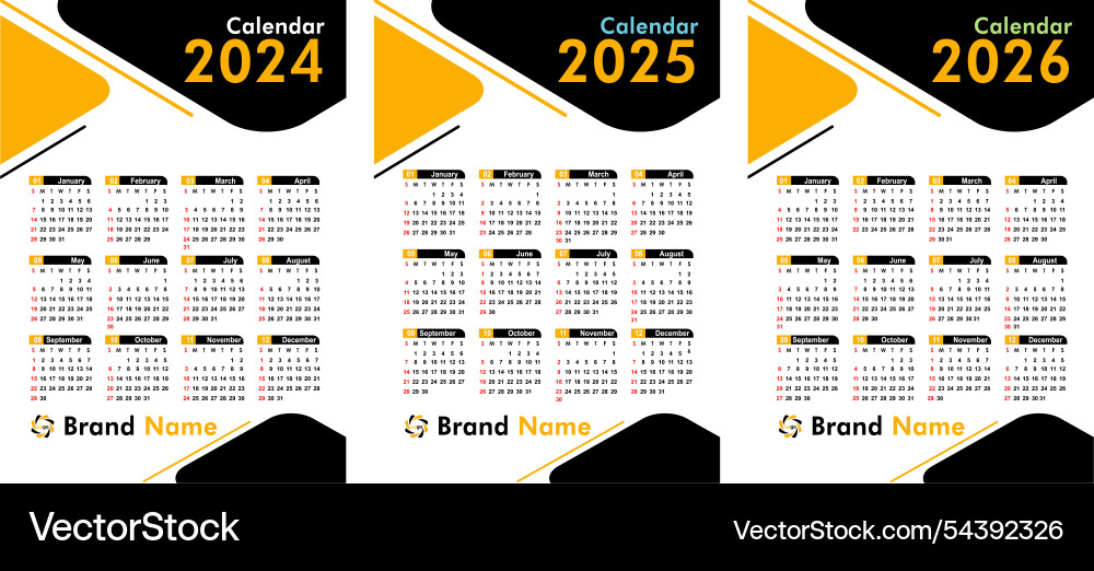 Editable calendar 2024 2025 2026 set Royalty Free Vector