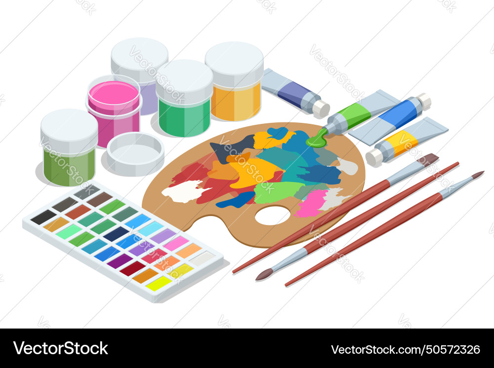 Isometric painting tools elements set Royalty Free Vector