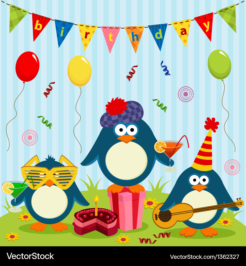 Penguins celebrate birthday Royalty Free Vector Image