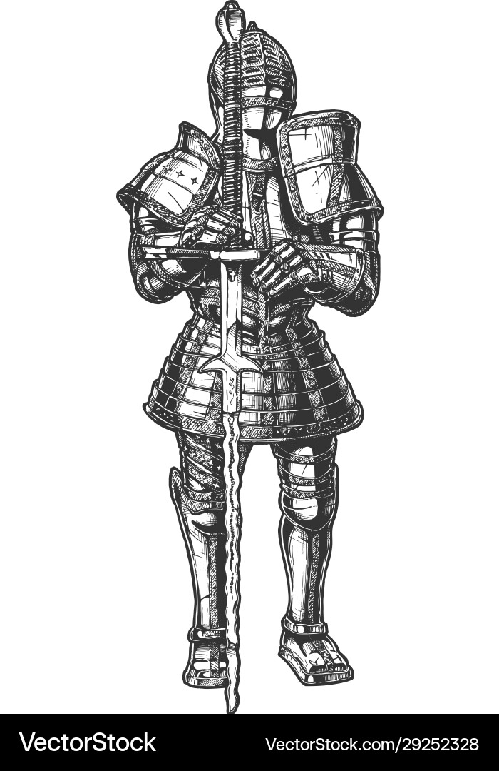 Medieval knight in full battle armour Royalty Free Vector