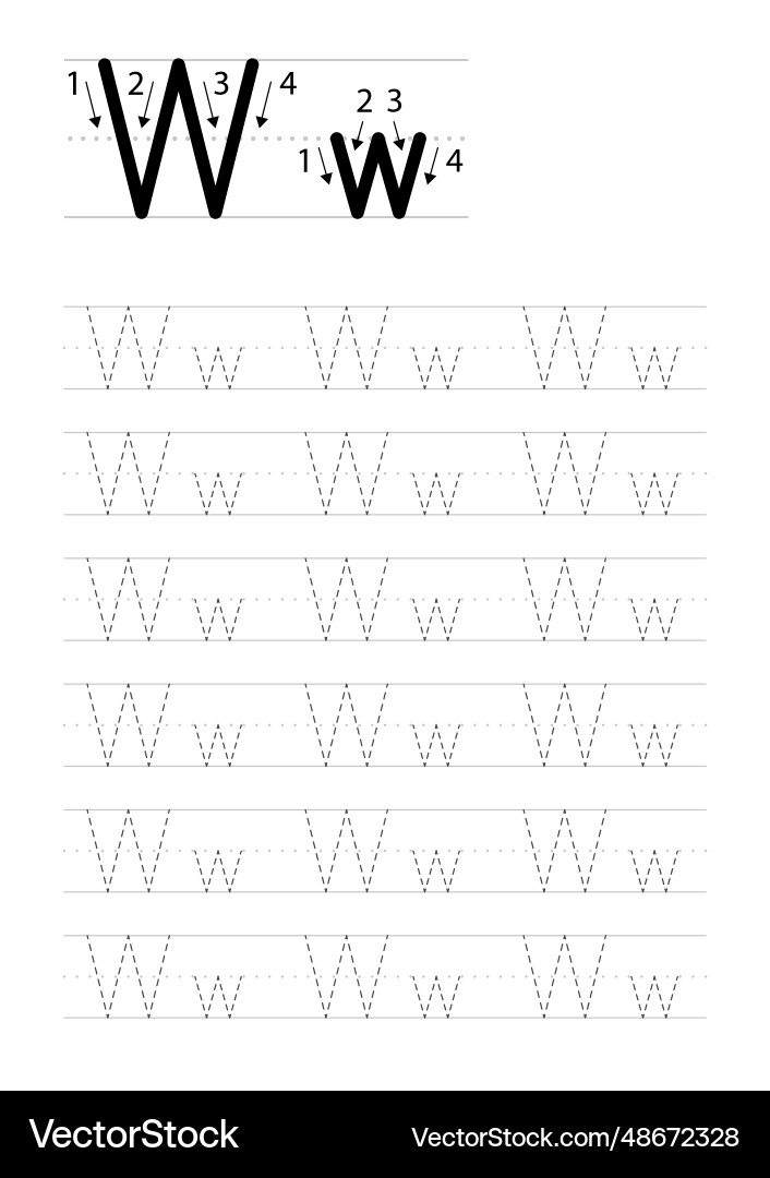 Printable letter w alphabet tracing worksheet Vector Image