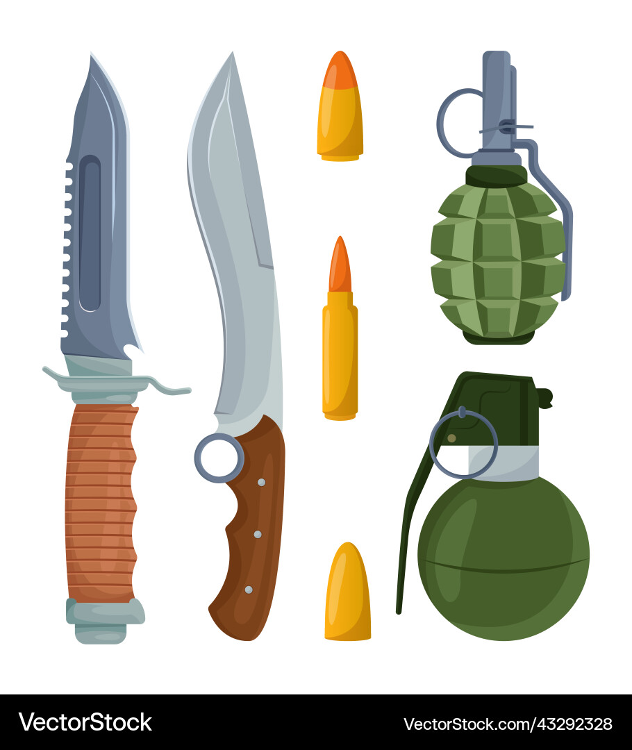 Sharp knives bullets and grenades cartoon set Vector Image