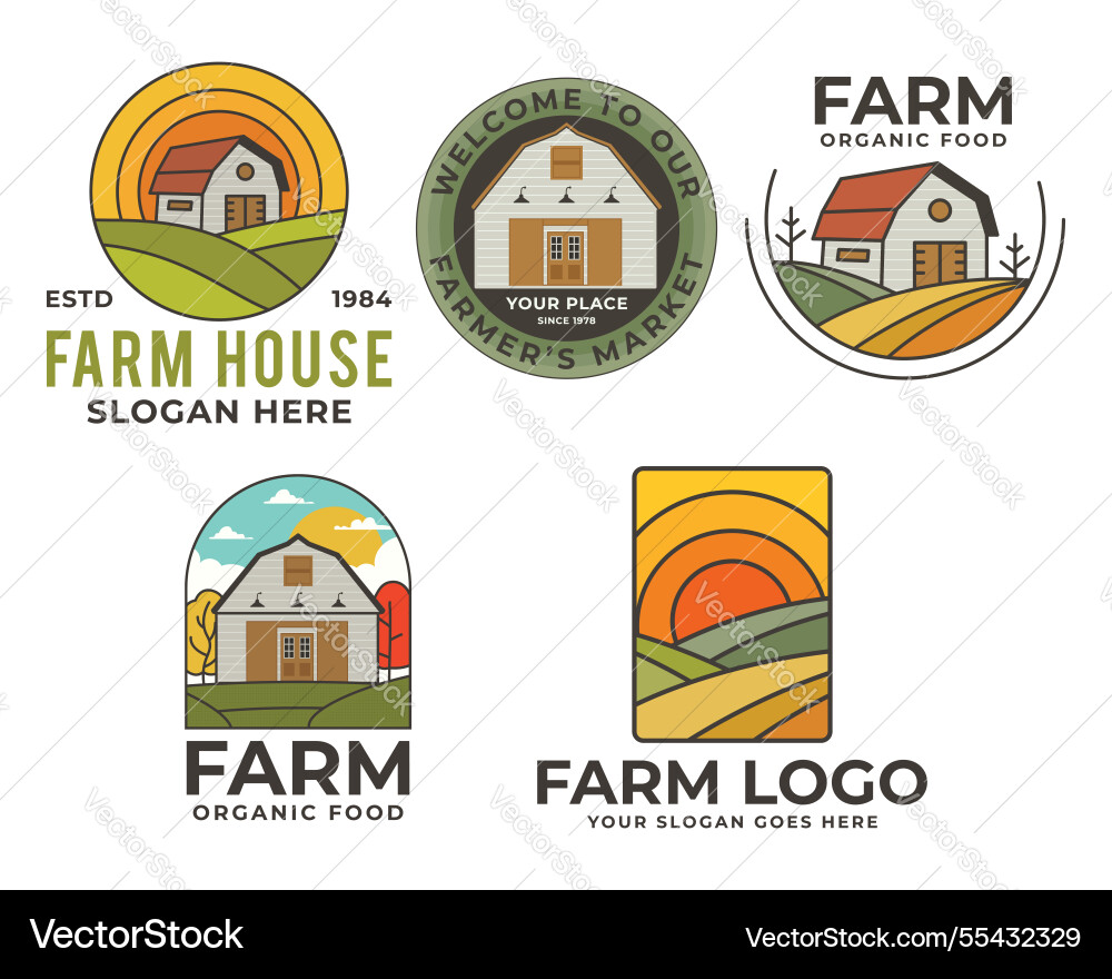 Farm logos templates set with barn and farmer Vector Image