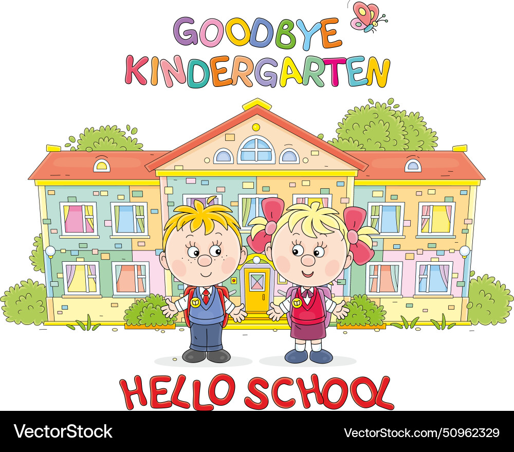 Greeting card with little first graders Royalty Free Vector