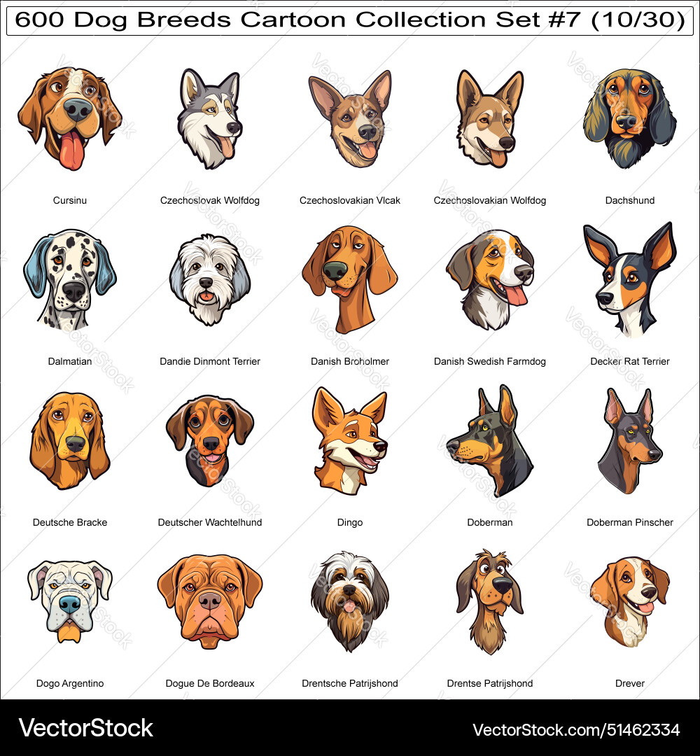 Cute dog breeds cartoon characters sticker bundle Vector Image