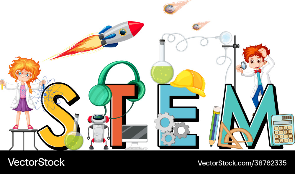 Stem logo with kids cartoon character Royalty Free Vector