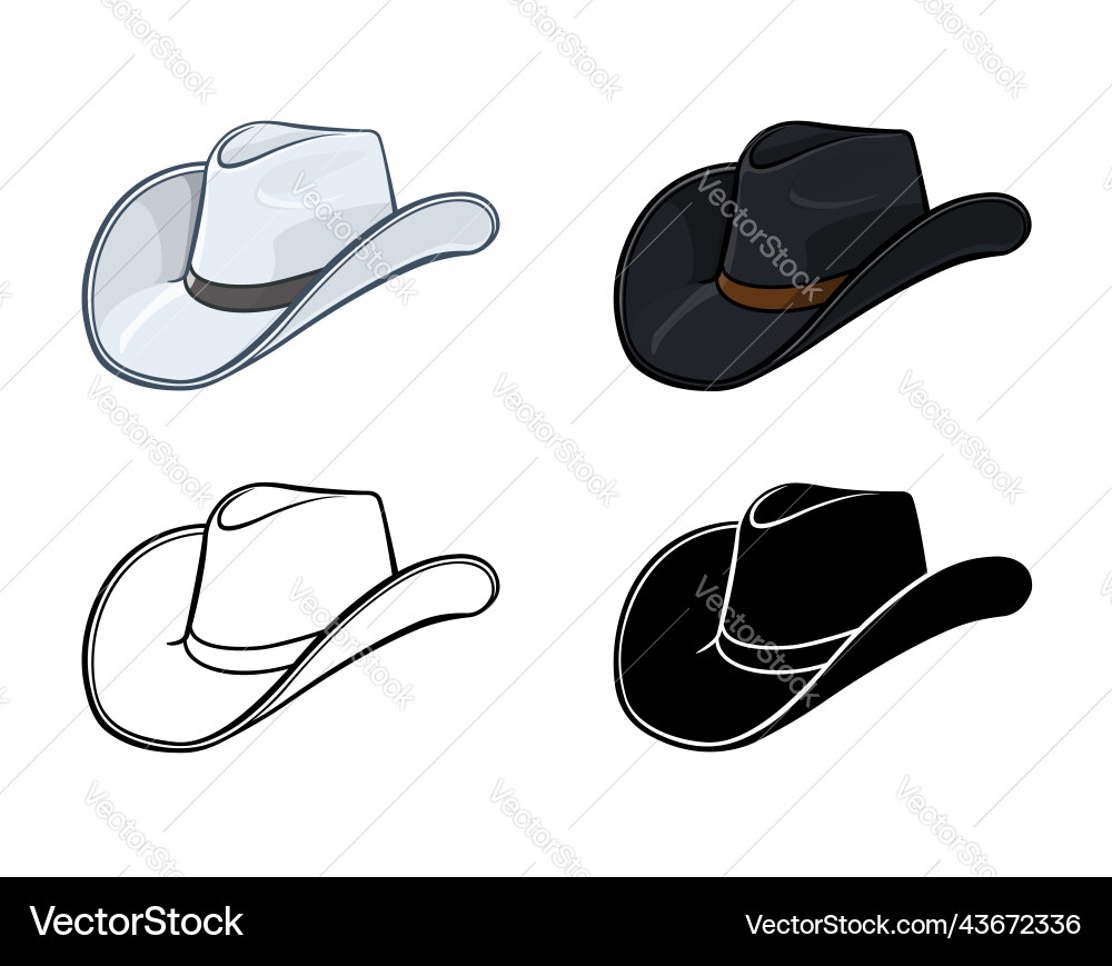 Cowboy stetson hat set black and white Royalty Free Vector