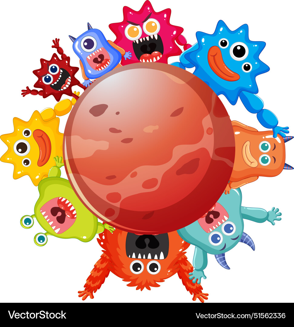 Cute monsters surrounding a red planet Royalty Free Vector