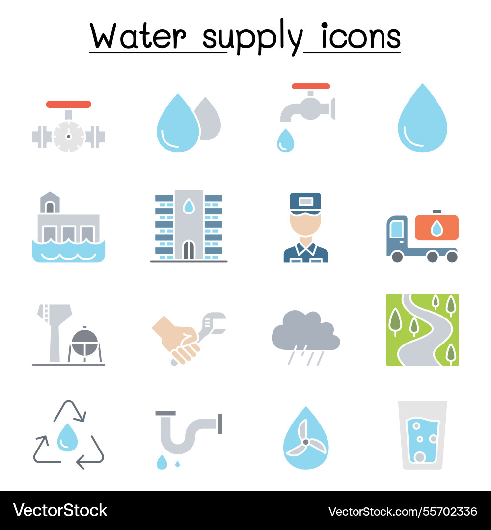 Water supply system icon set in flat color style Vector Image