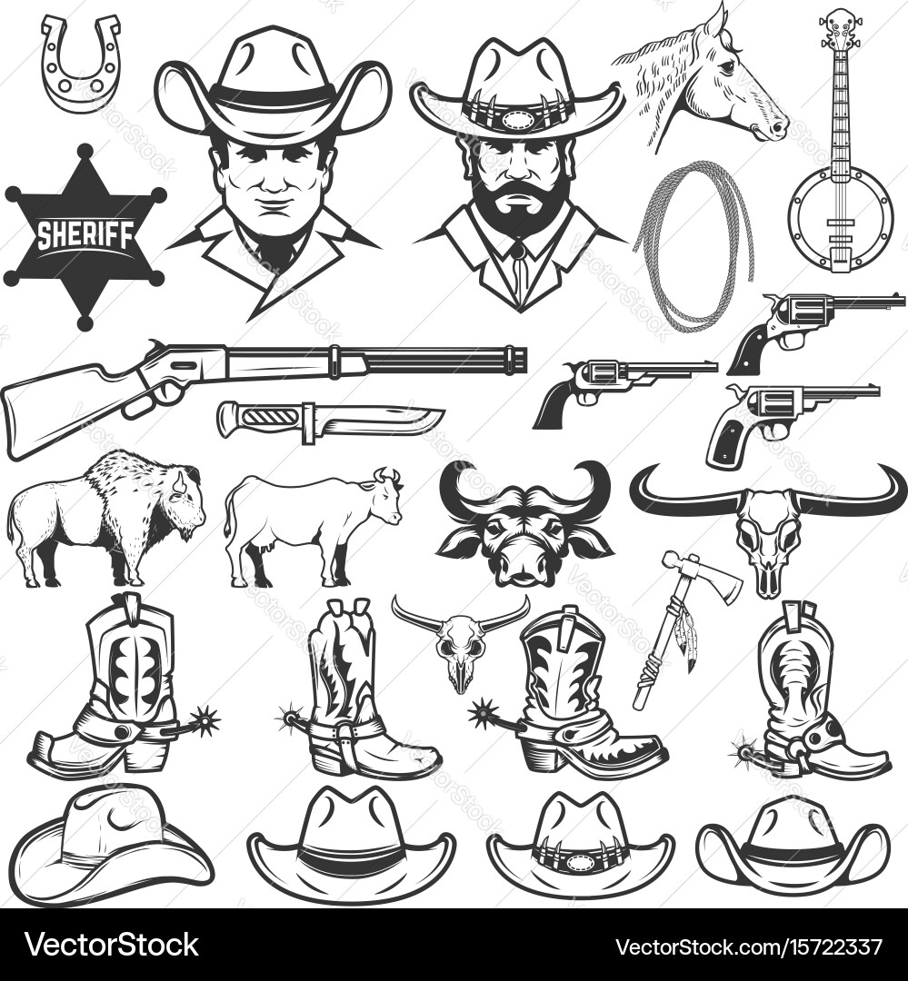 Set of cowboy design elements boots hats Vector Image
