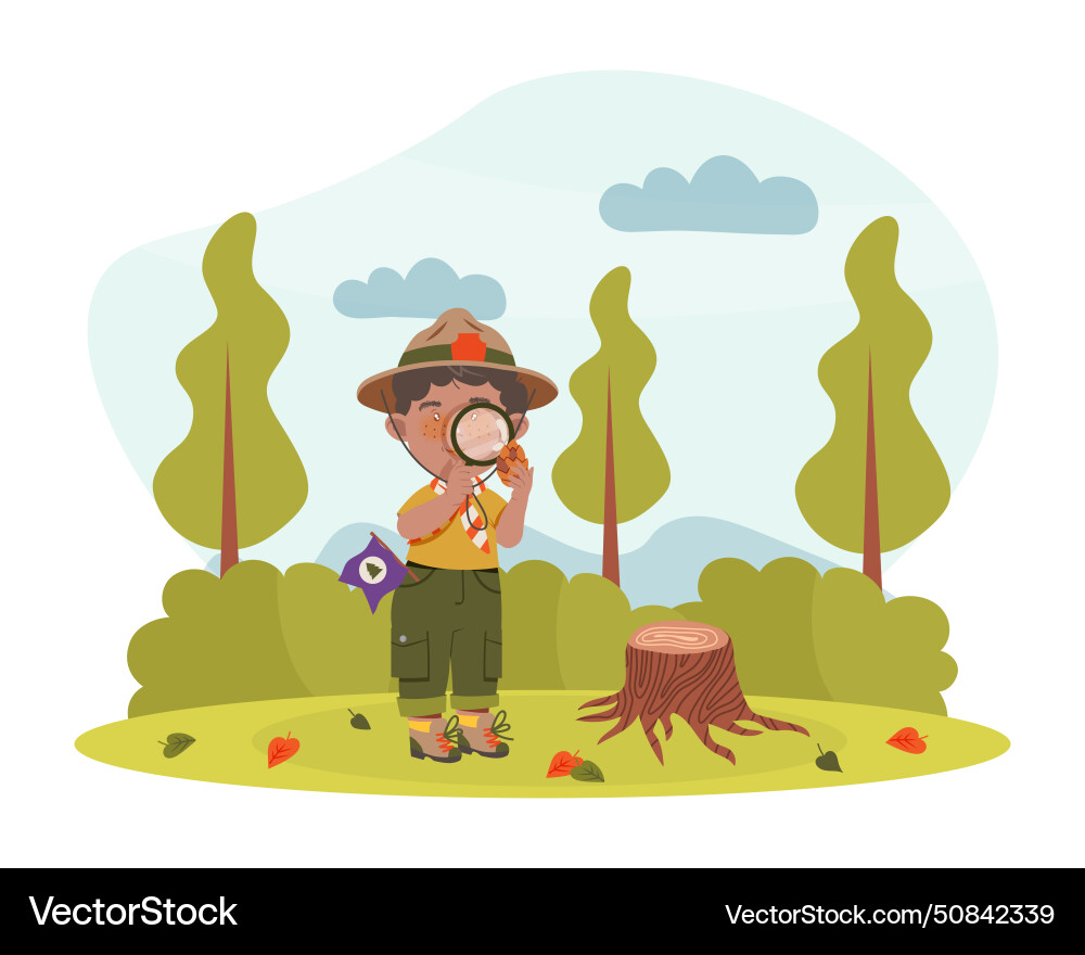 Boy scout character looking through magnifying Vector Image