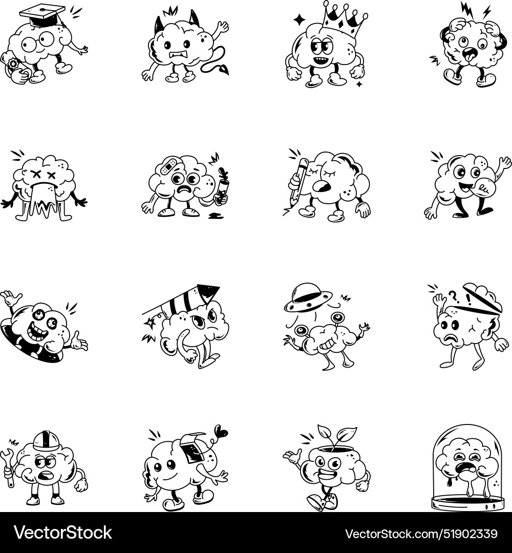 Bundle of cute brain characters doodle icons Vector Image