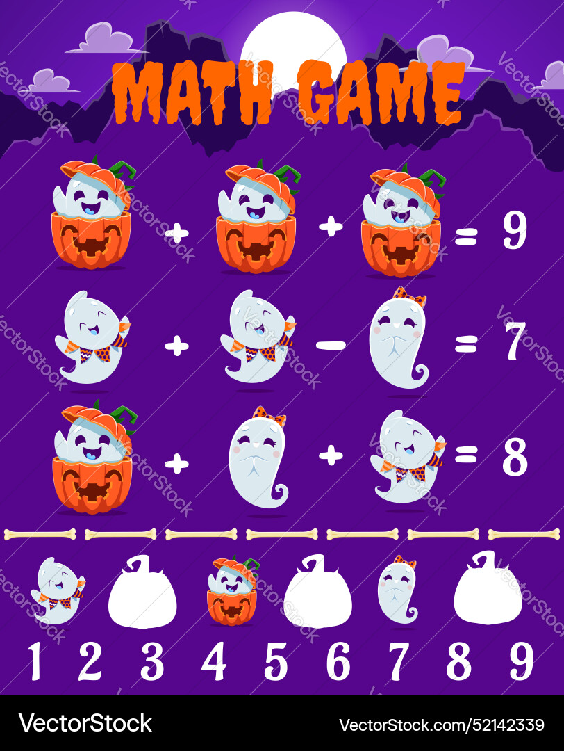 Halloween math game worksheet cute kawaii ghosts Vector Image