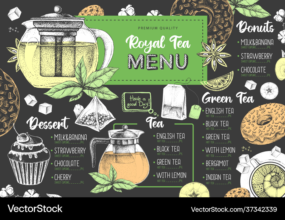 Hand drawing artistic restaurant royal tea menu Vector Image