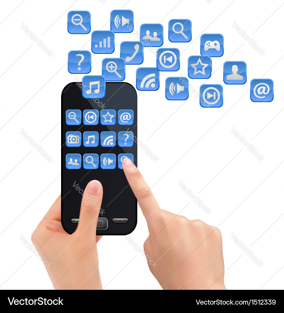 Hand holding mobile phone with icons Royalty Free Vector