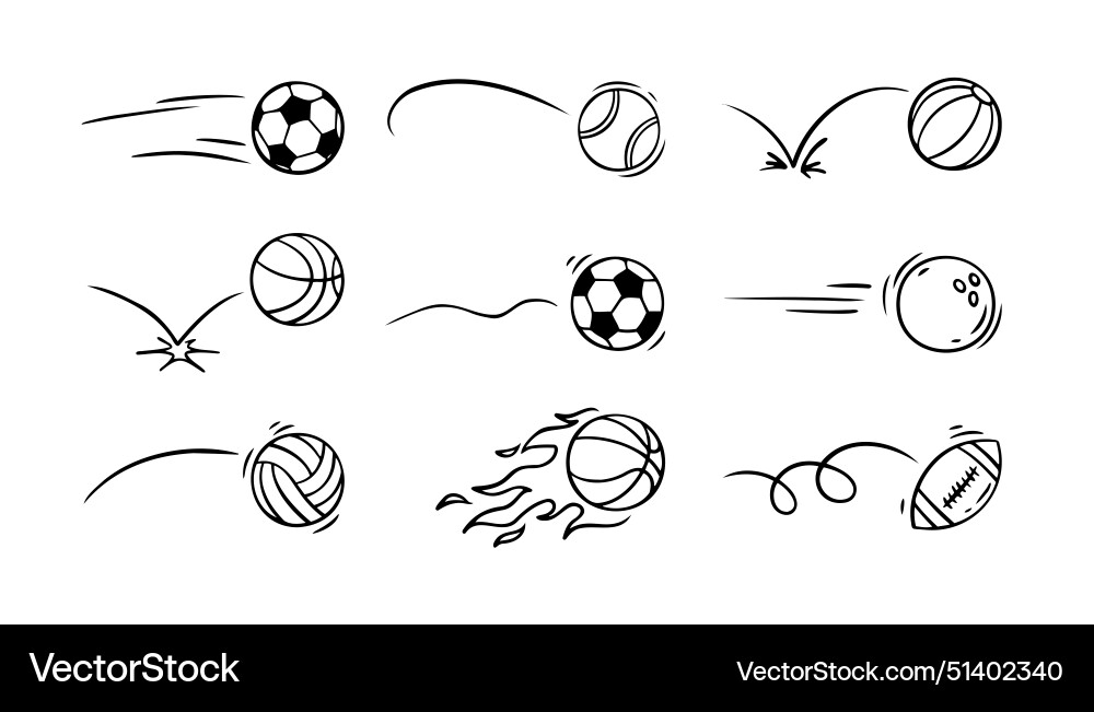 Doodle sport ball trajectory bounce collection Vector Image