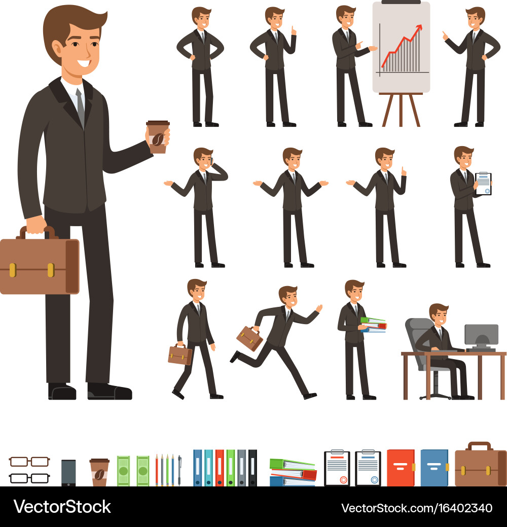 Set of businessman in different action Royalty Free Vector