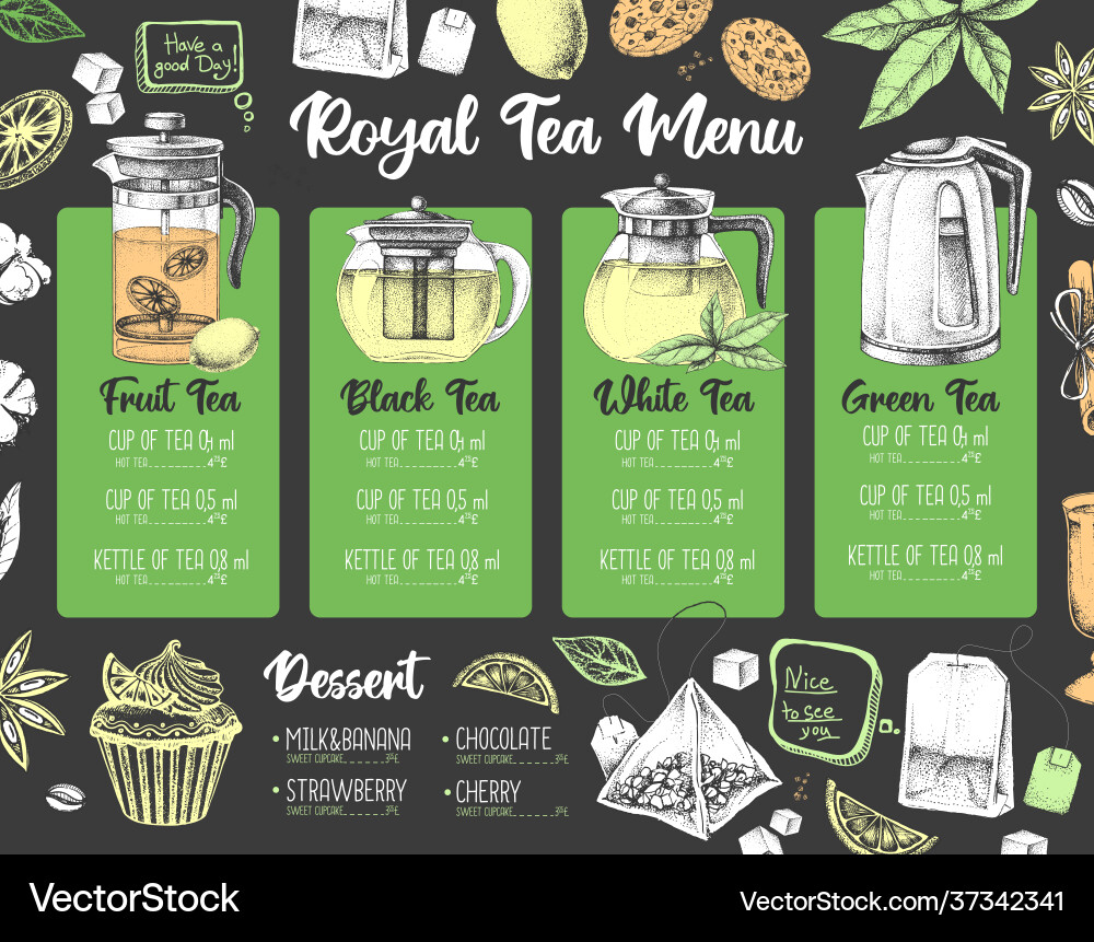 Hand drawing artistic restaurant royal tea menu Vector Image