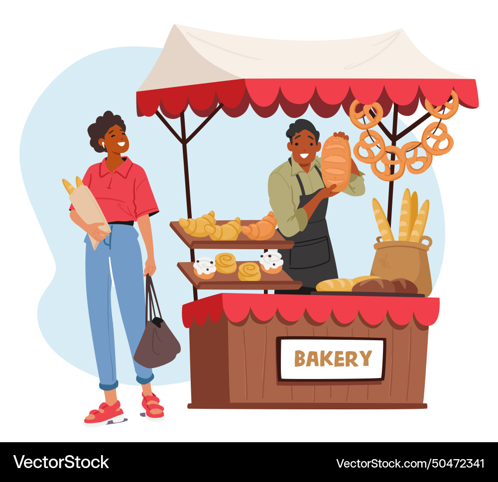 Salesman character adorned in apron proudly Vector Image