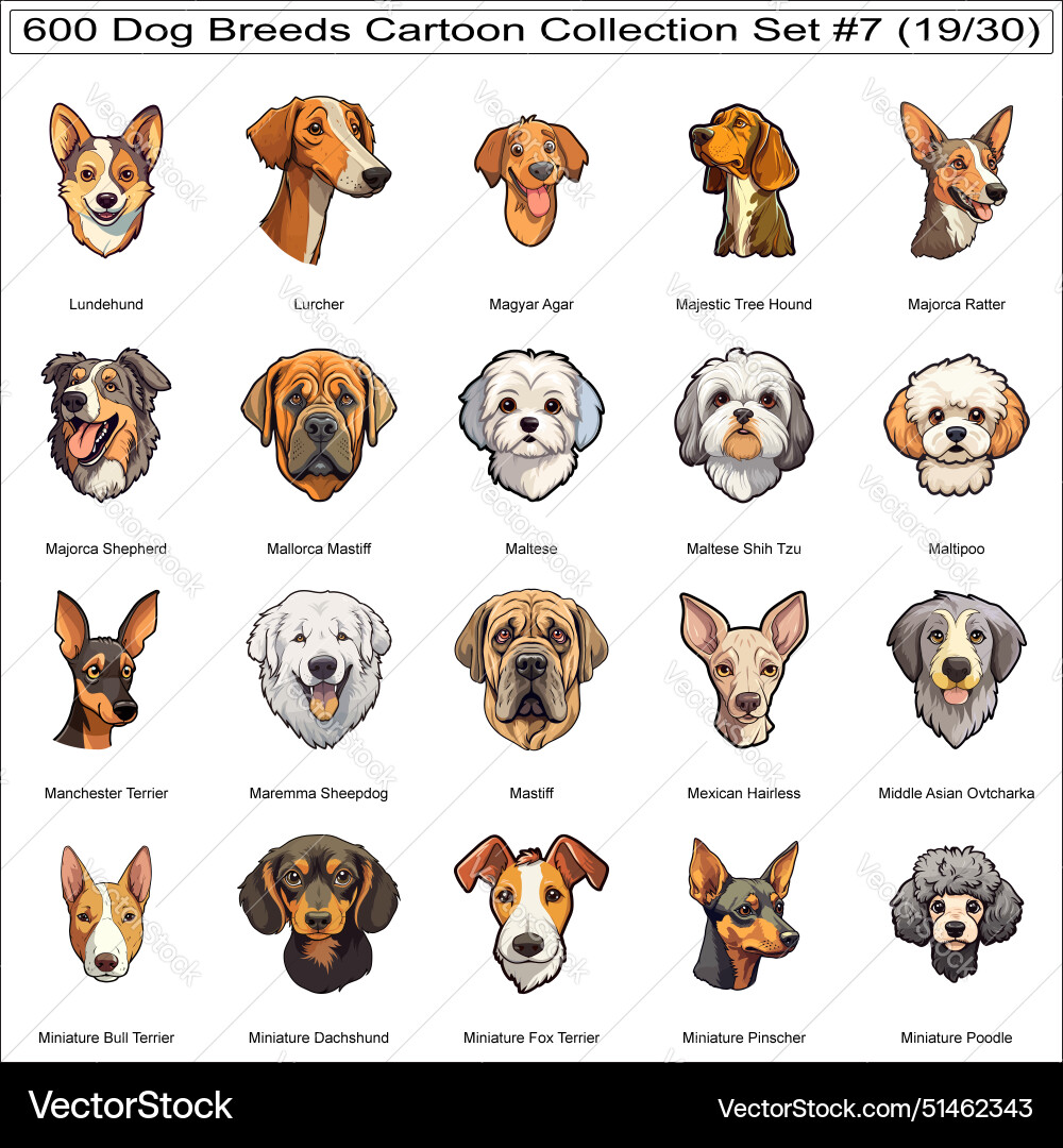 Cute dog breeds cartoon characters sticker bundle Vector Image