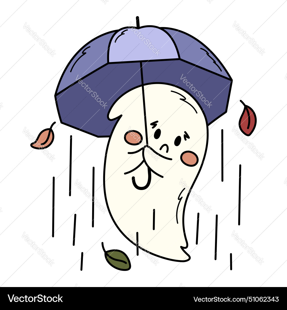 Cute sad ghost with an umbrella in the rain Vector Image