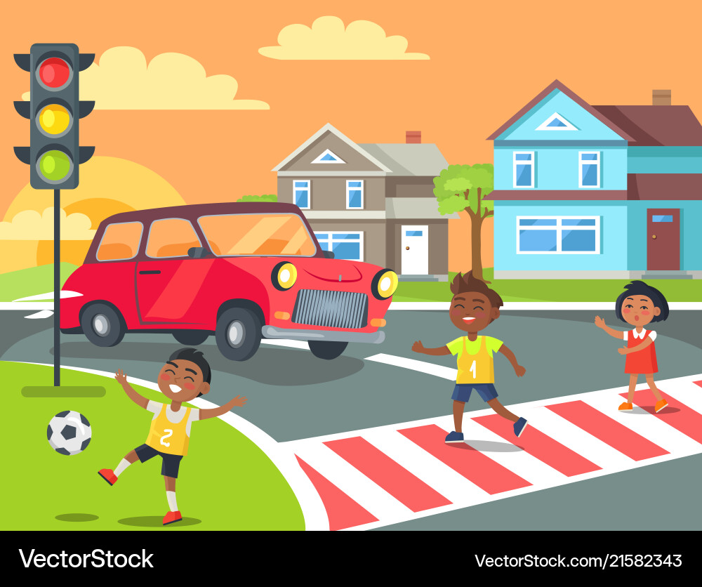 Kids Crossing Road with Car Royalty Free Vector Image