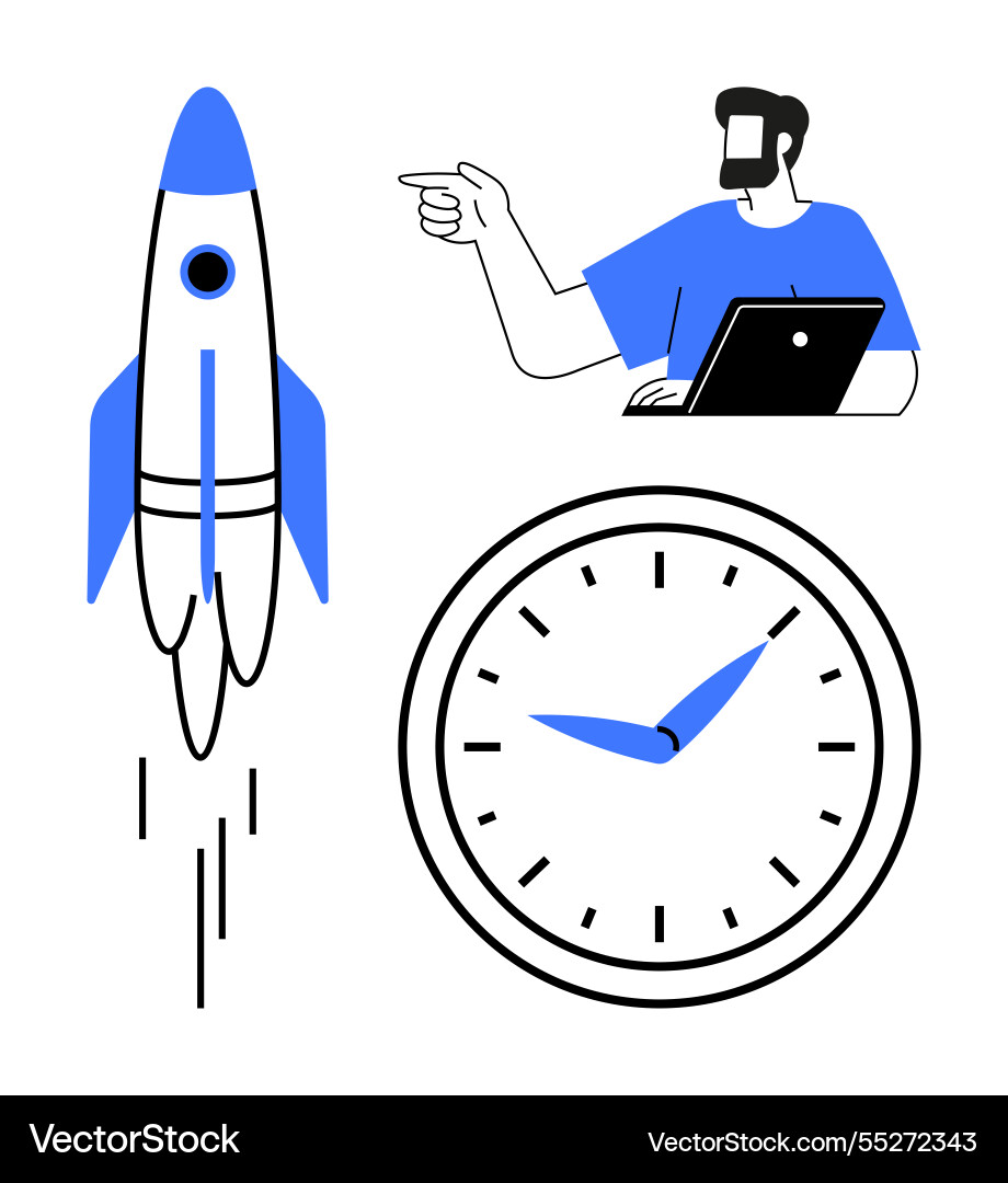 Rocket launch clock and man pointing while Vector Image