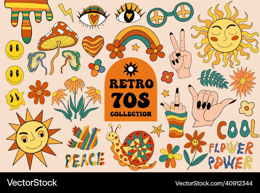Retro 70s vibe hippie stickers psychedelic Vector Image