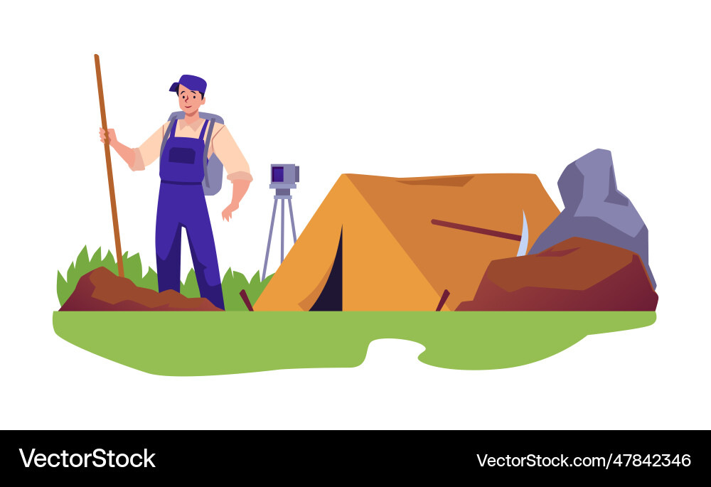 Geological expedition man geologist with shovel Vector Image