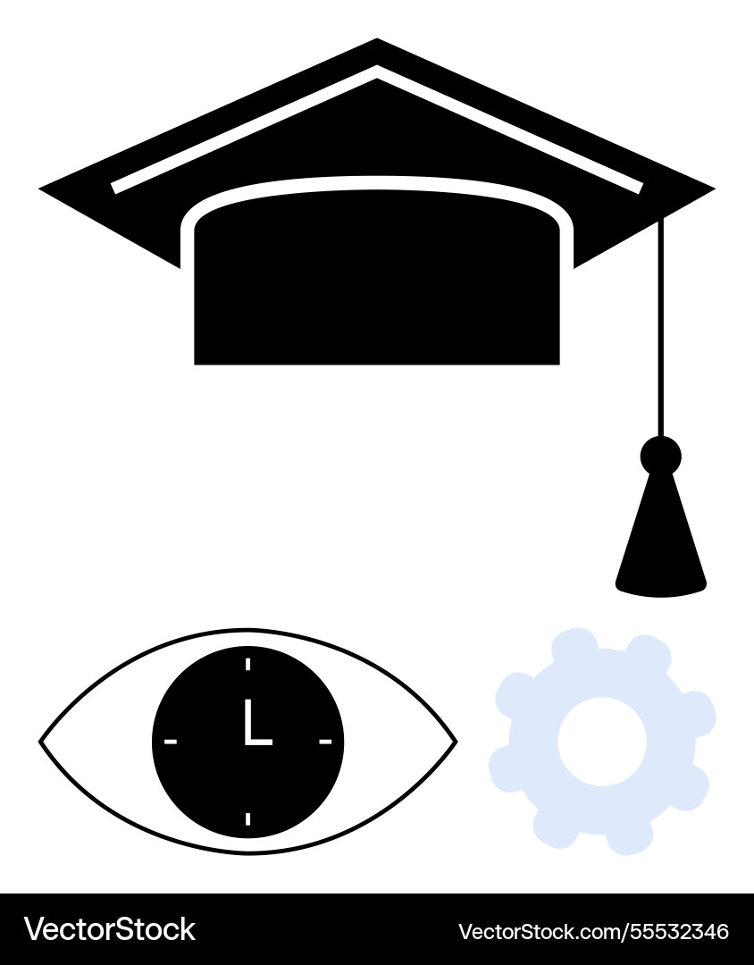 Graduation cap with eye-shaped clock and gear Vector Image
