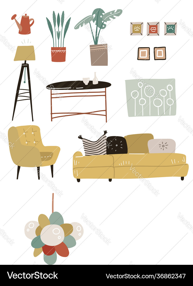 Trendy interior design elements modern furniture Vector Image