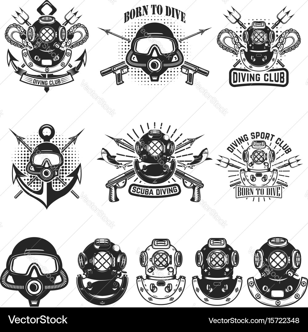 Set of vintage dive helmets diver emblems Vector Image