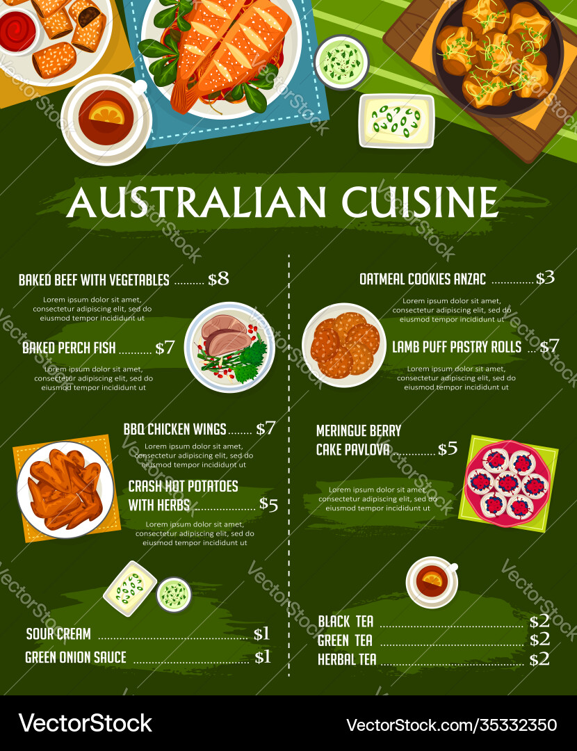 Australian cuisine menu template meals Royalty Free Vector