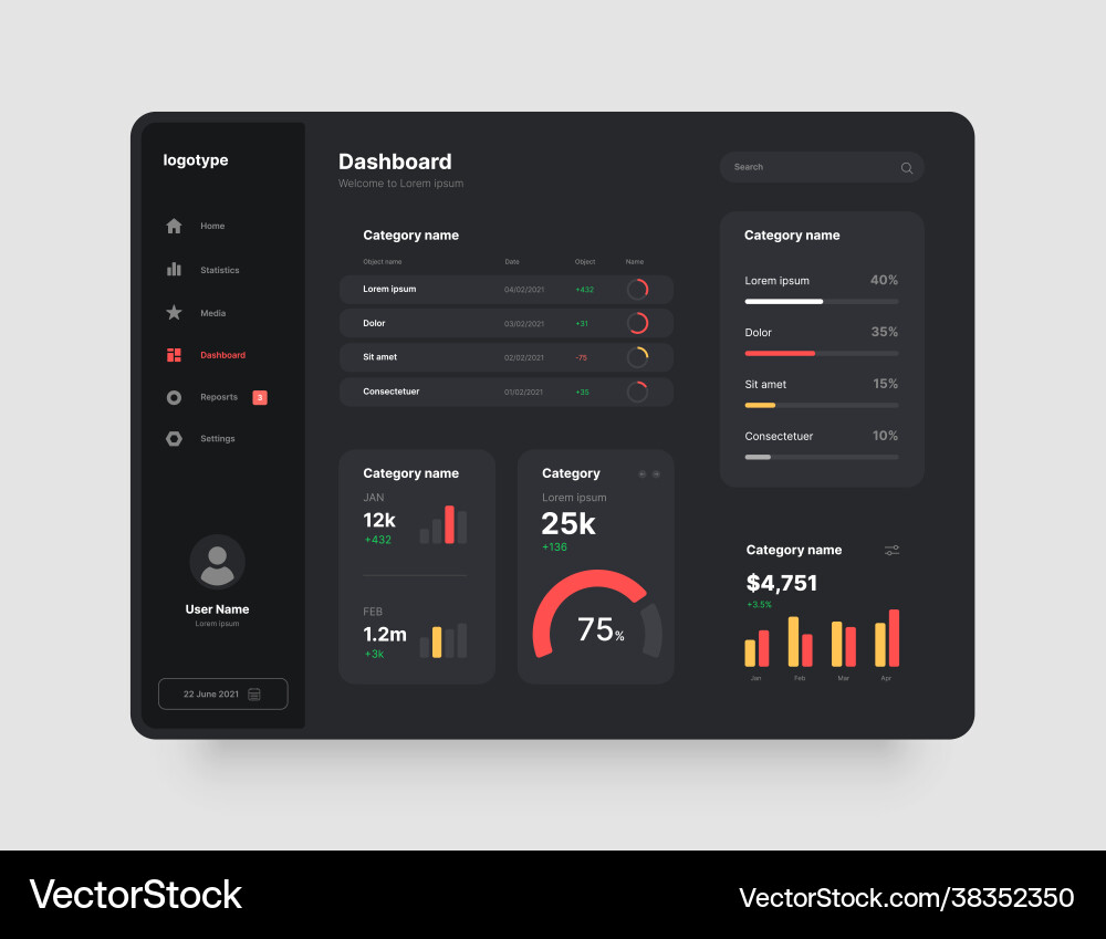 Dashboard UI Kit - Dark Theme Royalty Free Vector Image