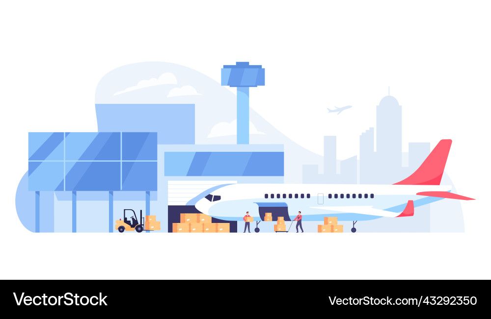 Warehouse workers loading boxes into airplane Vector Image