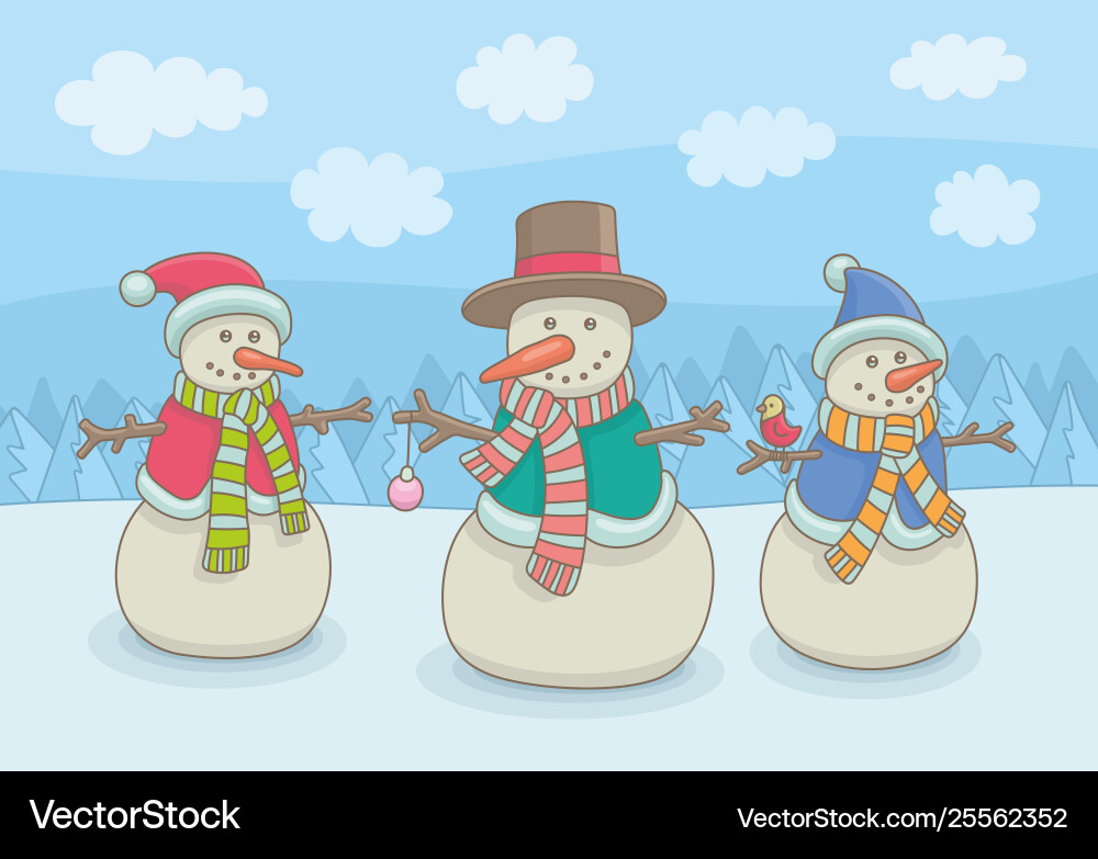Three happy snowmen Royalty Free Vector Image - VectorStock