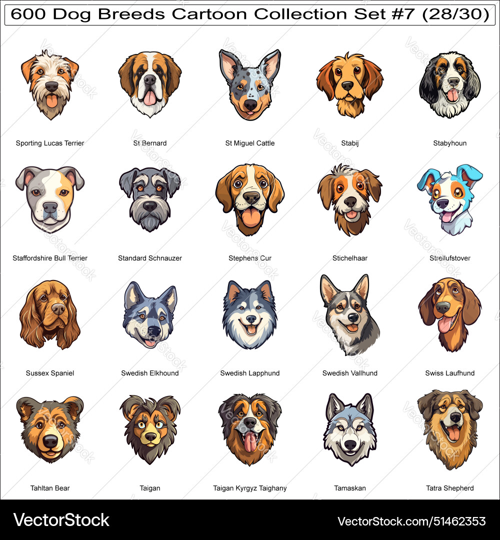Cute dog breeds cartoon characters sticker bundle Vector Image