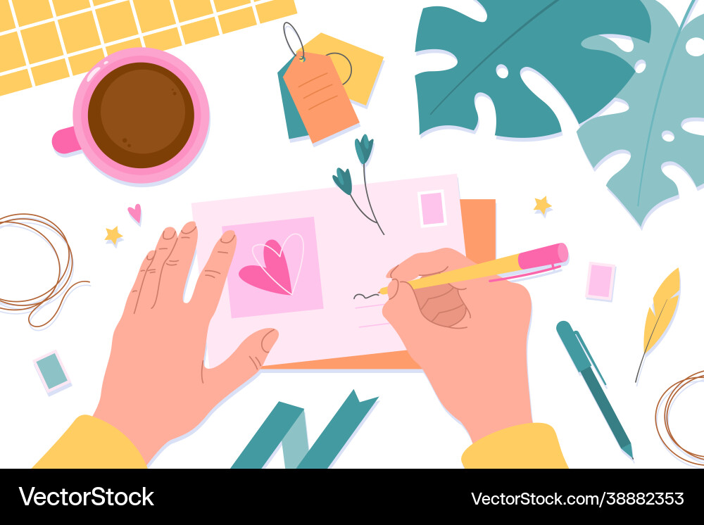 Hands with postcards message preparing Royalty Free Vector