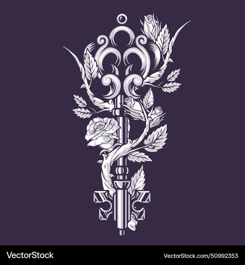 Key with flowers label monochrome Royalty Free Vector Image