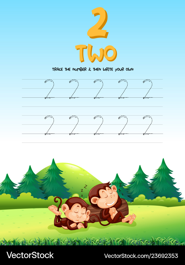Number two tracing worksheets Royalty Free Vector Image