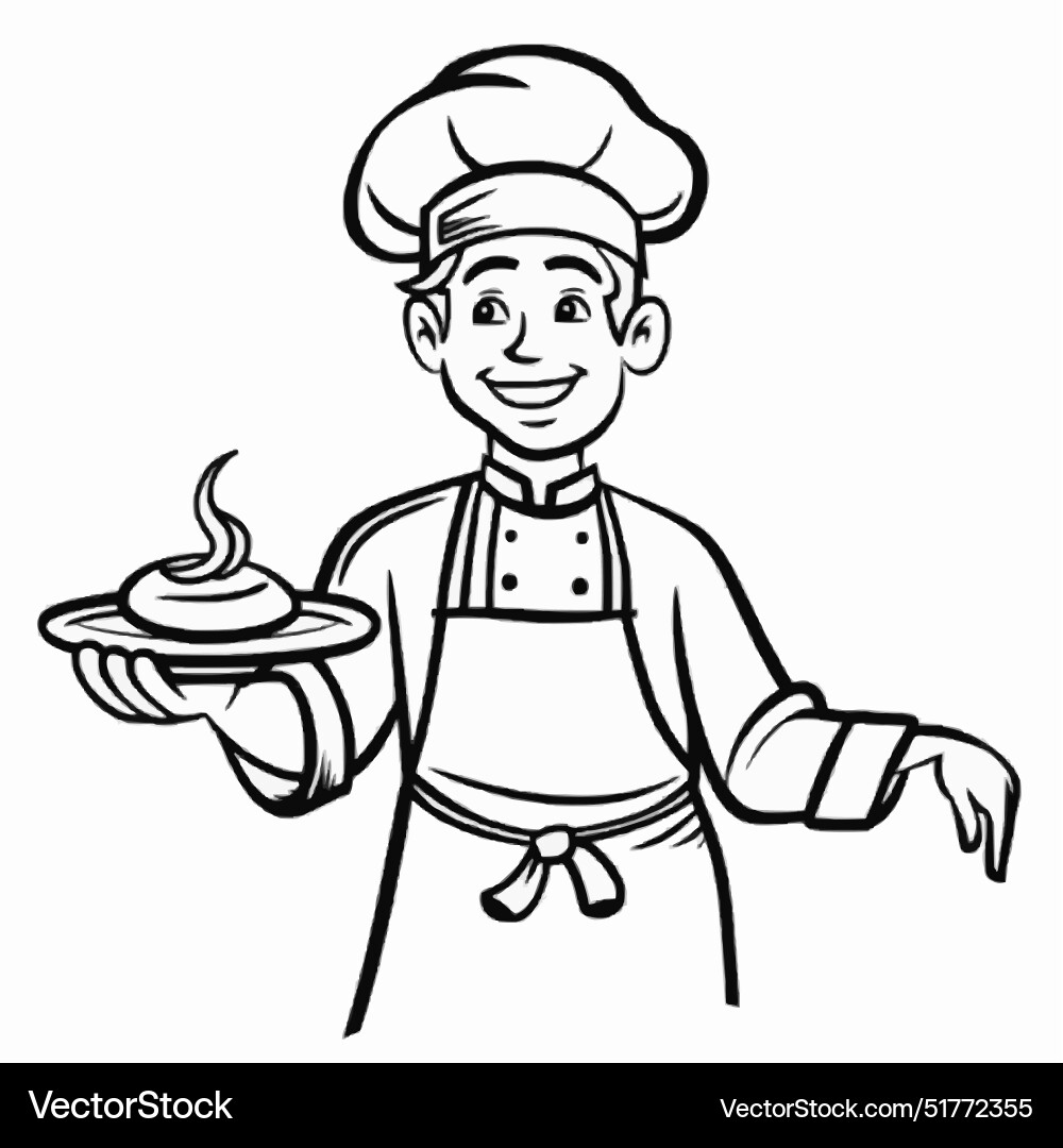 Cartoon chef holding a plate - fun line drawing Vector Image