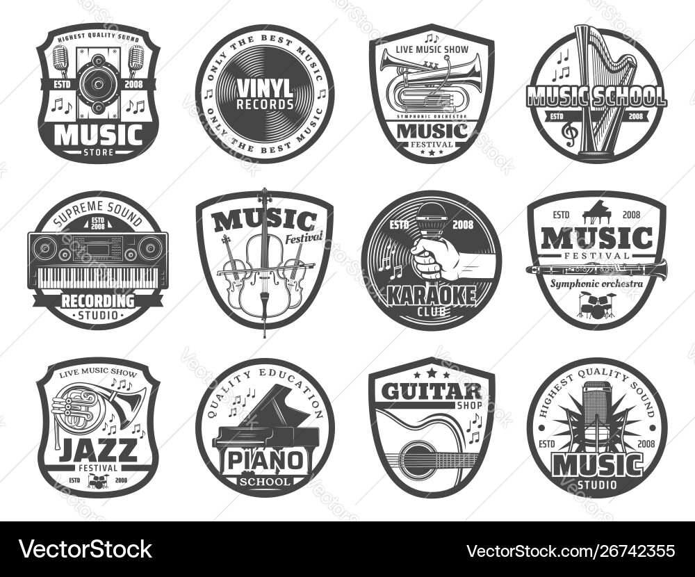 Music instruments microphones vinyl records Vector Image